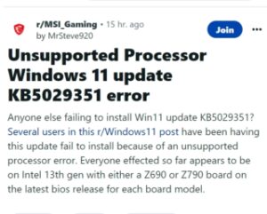 Windows 11 UNSUPPORTED PROCESSOR error after KB5029351 update