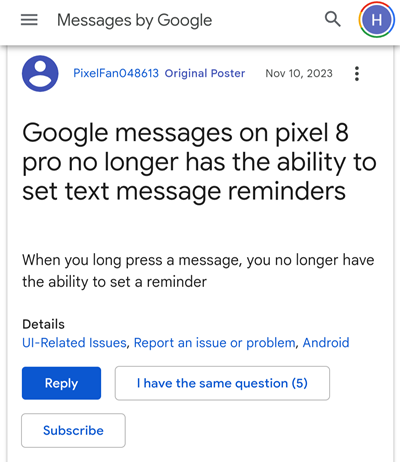 Some Google Messages users missing message reminders