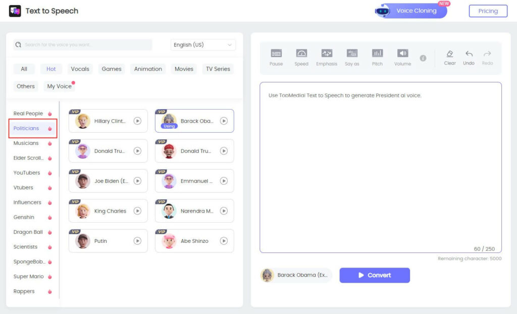 How to get President AI voice by TopMediai