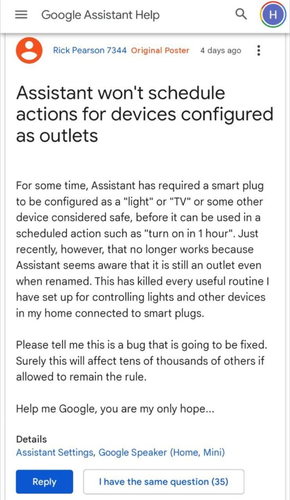 Assistant not scheduling actions for devices configured as outlets