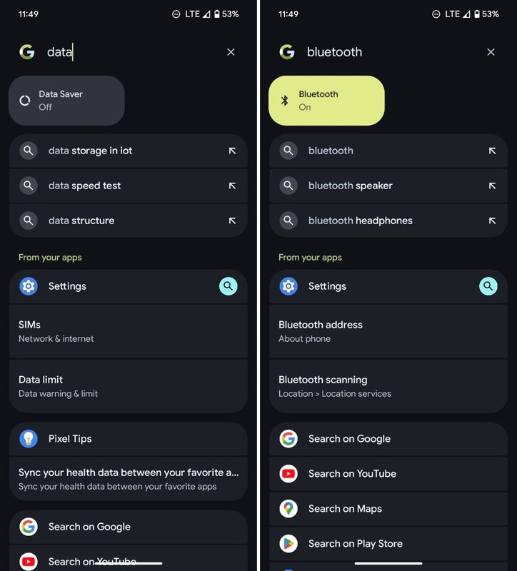 Pixel Launcher search grants you access to Quick Settings Tiles