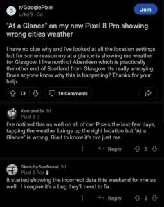 Fix for ‘At a Glance’ showing weather for wrong location on Pixels