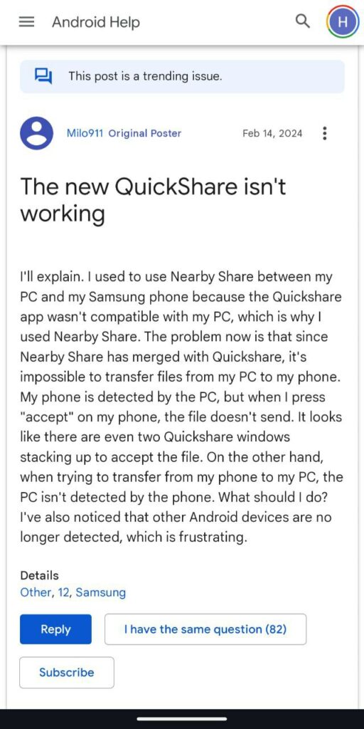 Quick Share is not working with transfers from Android to Windows