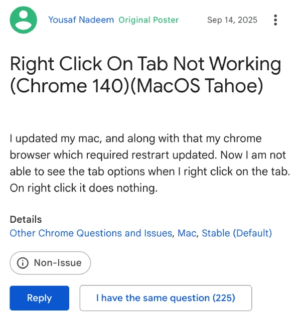 Chrome tab right-click broken on macOS Tahoe for some