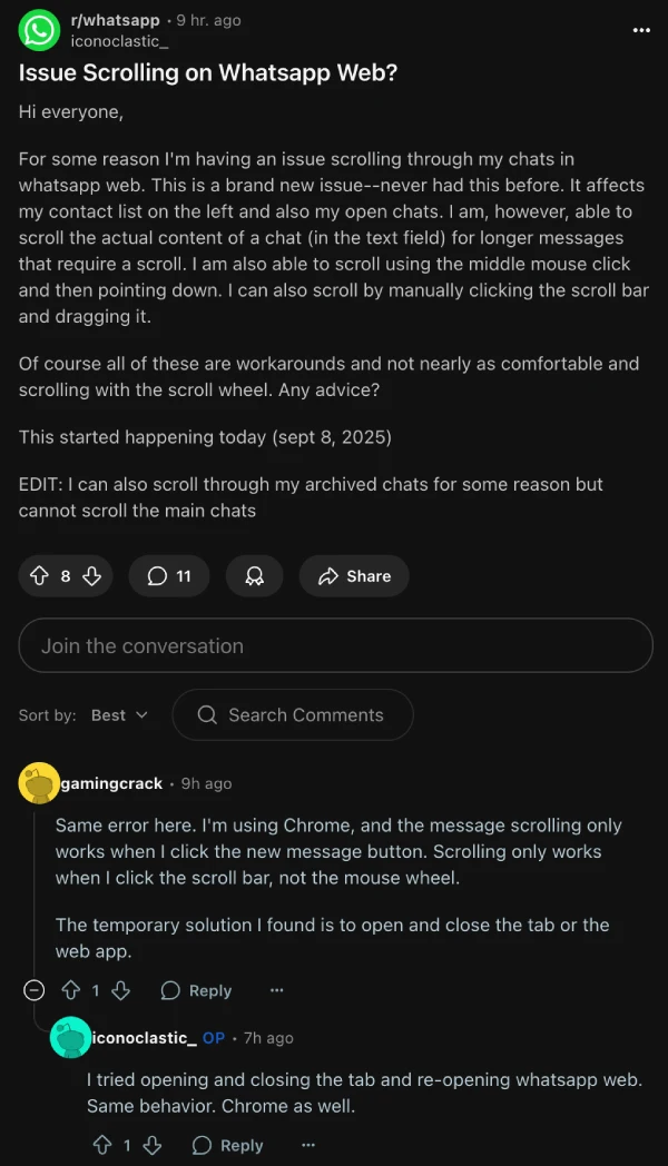 WhatsApp Web scrolling not working for many, but there's a simple fix