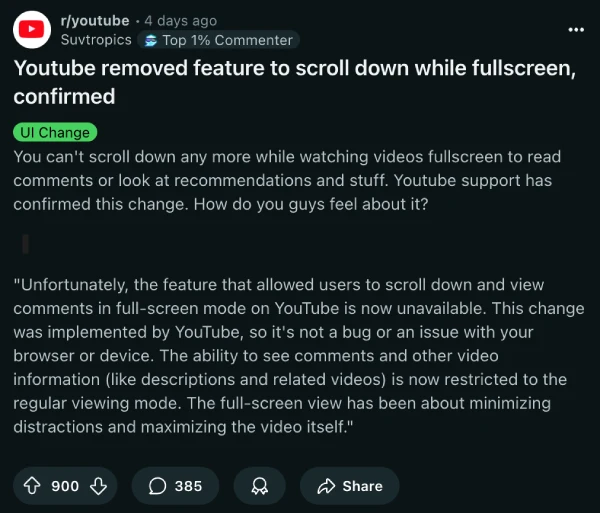 Users frustrated after YouTube scraps scrolling in fullscreen