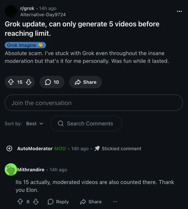 Users report sudden drop in Grok Imagine’s daily video limits