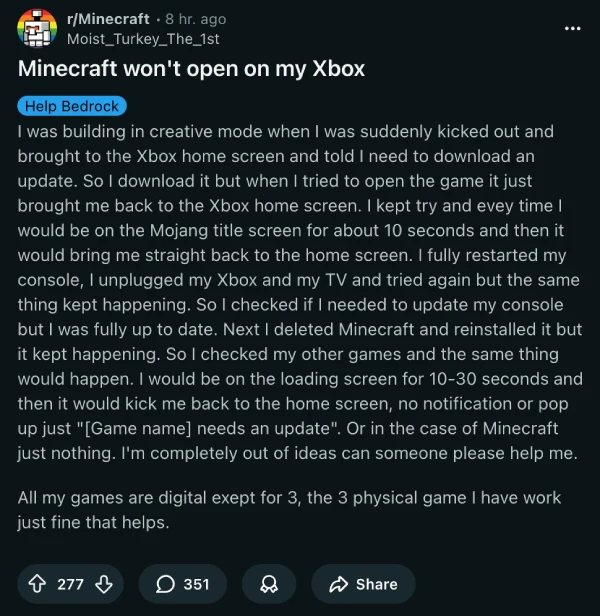 Xbox users report crashes after Minecraft 1.21.113 hotfix