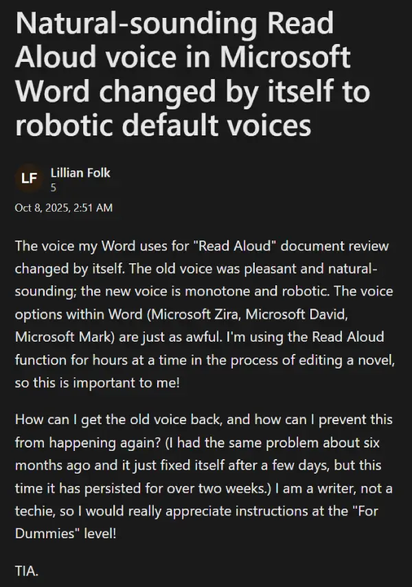 MS Word Read Aloud switched to robotic voice? Try this