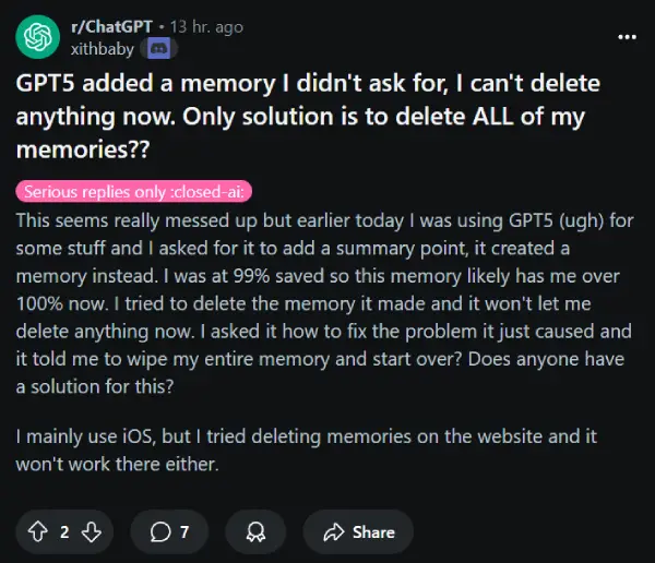 ChatGPT memory glitch leaves entries stuck after users try to remove them