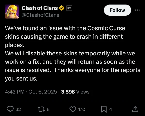Clash of Clans players report game crashing when performing certain actions