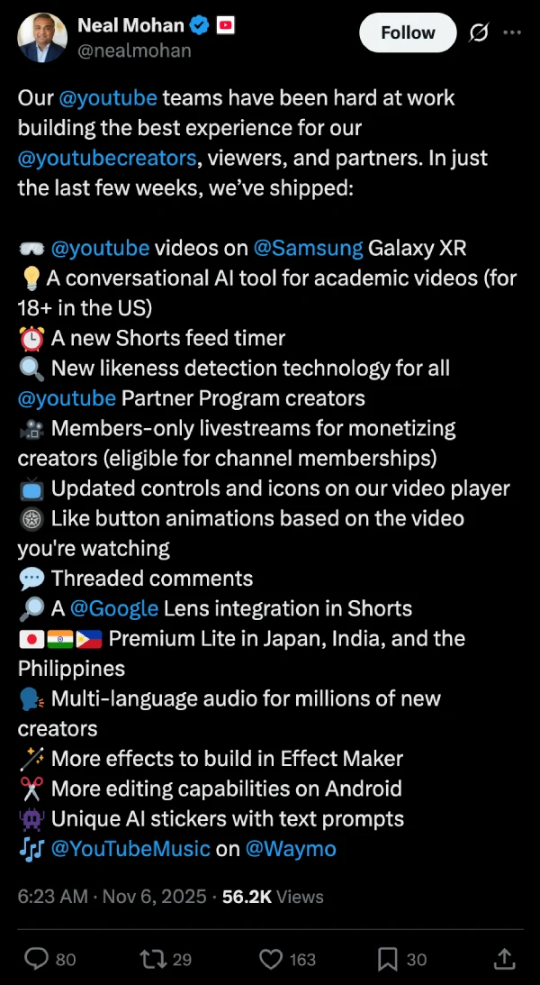 Neal Mohan highlights YouTube’s latest feature drops