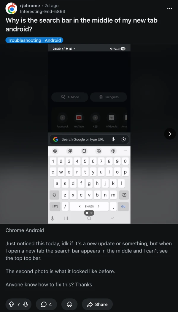 How to keep Chrome’s address bar at the top when typing on Android