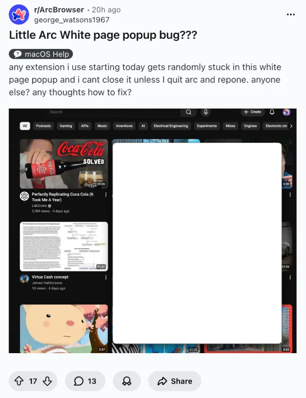Arc users hit an uncloseable white popup bug in Little Arc; fix underway