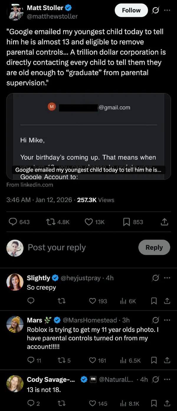 Google's age-13 email to kids leaves parents furious after viral post