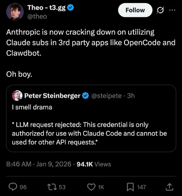 Anthropic reportedly blocking non-official Claude API connections