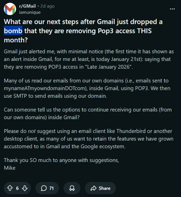 Google starts showing Gmail popup alerts as POP3 support ends