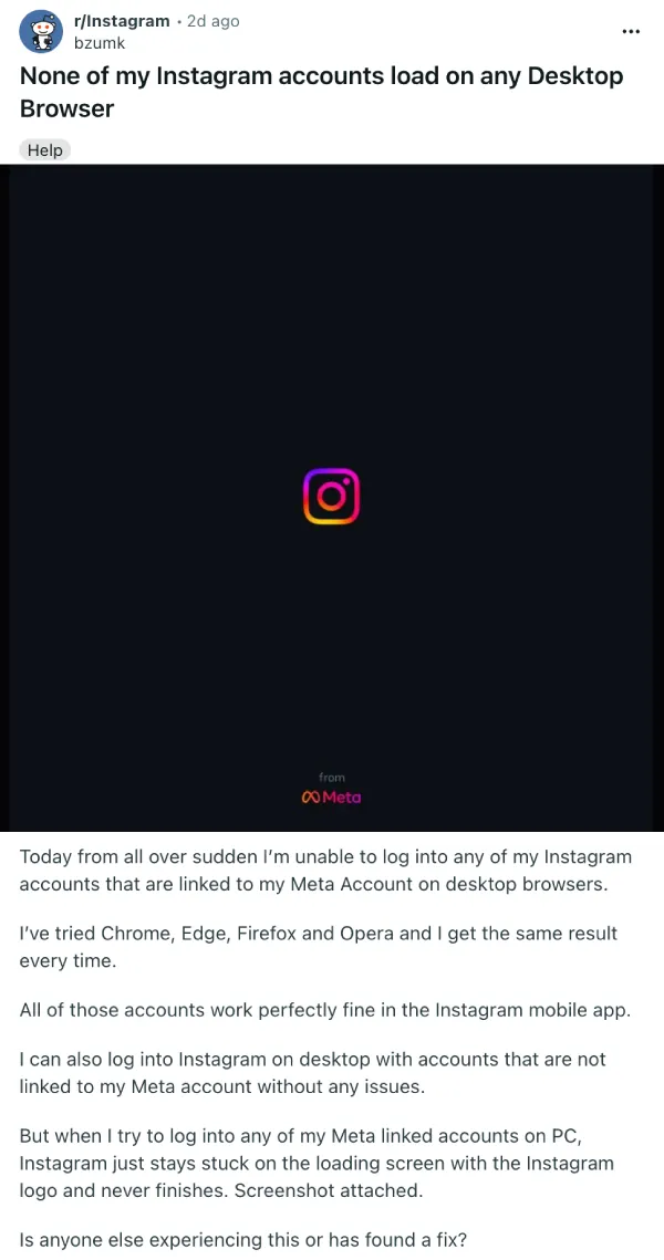 Instagram web version stuck on logo screen and won't open for some