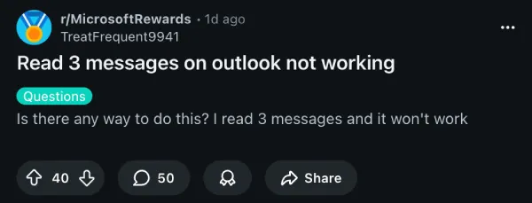 Microsoft Rewards users report “Read 3 Outlook emails” not working again