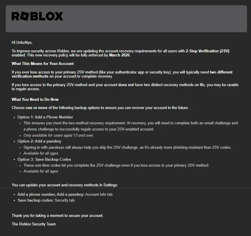 Add multiple recovery methods to your Roblox account before March 2026 ...