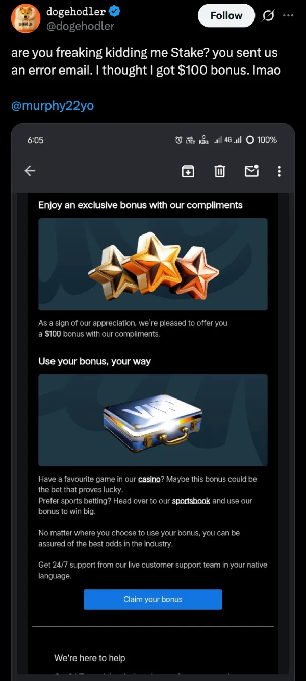 Stake's VIP bonus glitch had players chasing a broken $100 claim