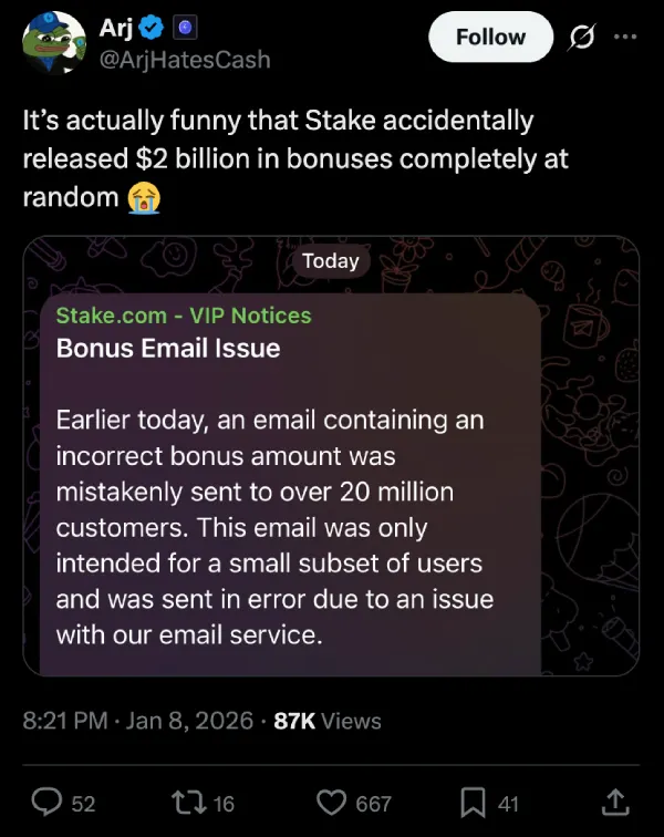 Stake's VIP bonus glitch had players chasing a broken $100 claim