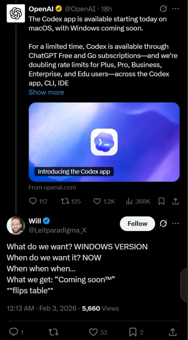Here's why OpenAI's Codex app is not yet out for Windows