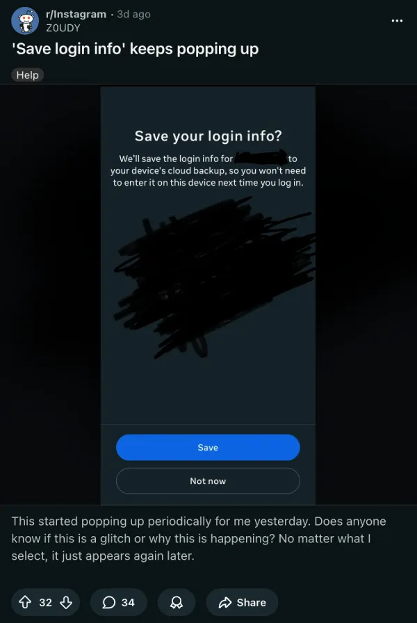 Instagram users say “Save login info” prompt keeps returning