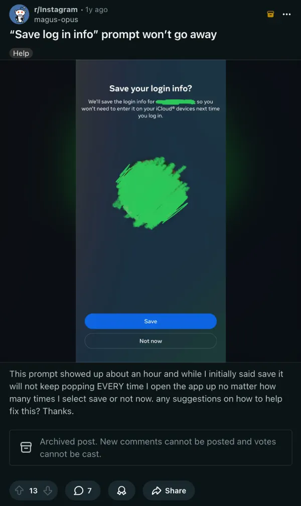 Instagram users say “Save login info” prompt keeps returning