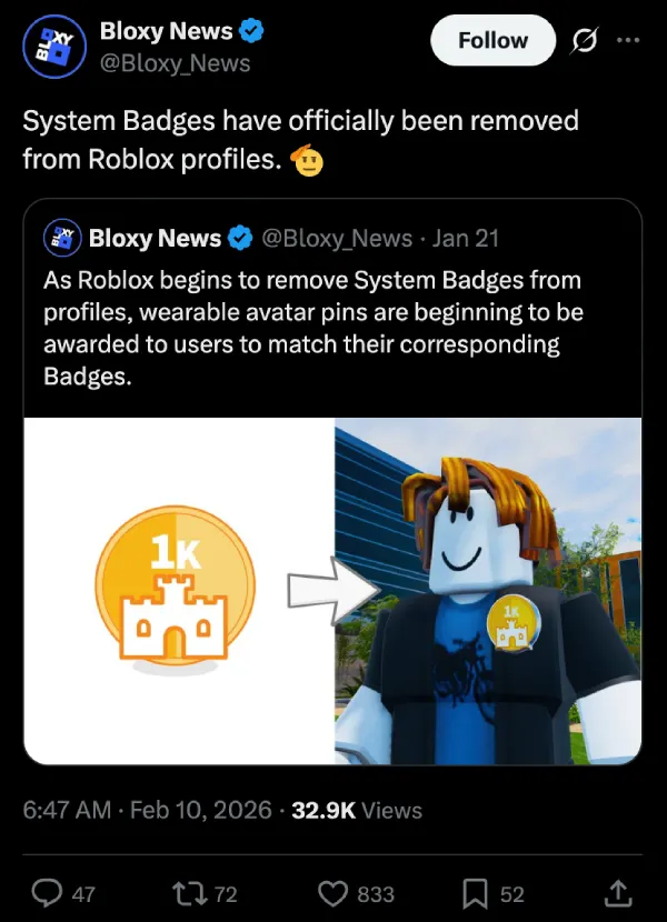 End of an era arrives as Roblox removes system badges from profiles