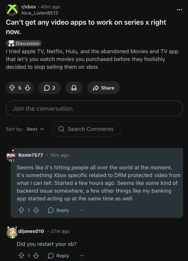 Xbox One and Series X/S users report Disney+, Netflix playback failures
