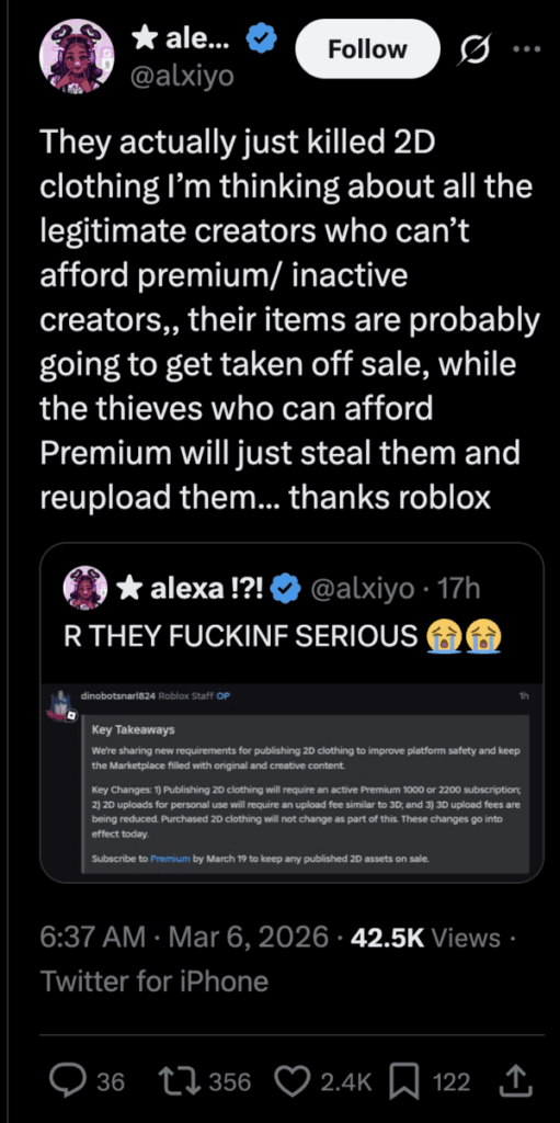 Roblox Marketplace update requires Premium subscription to sell 2D designs