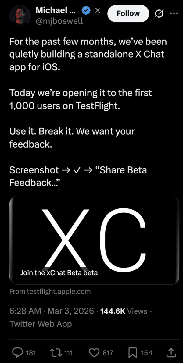 X begins testing separate chat app for iOS, first batch already full