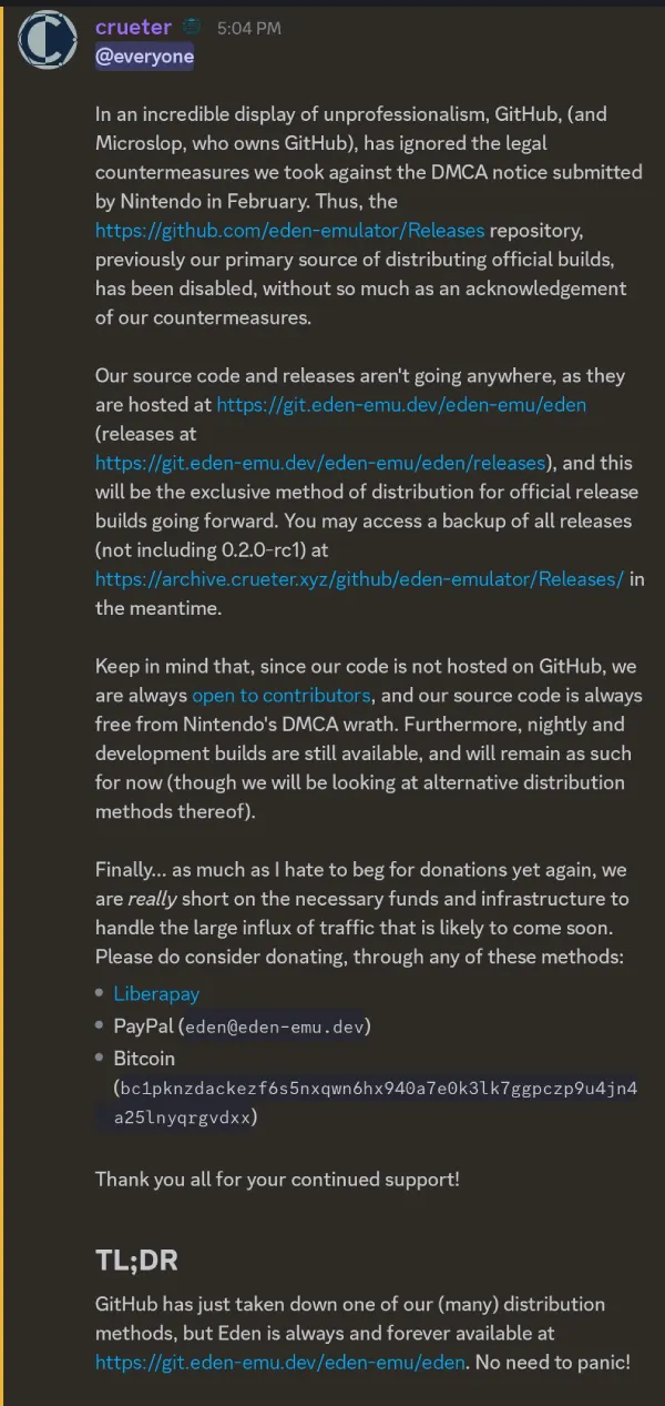 Eden responds after GitHub takedown tied to Nintendo’s DMCA notice