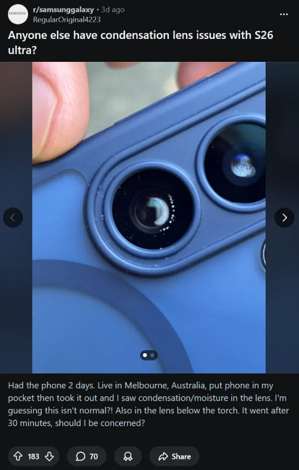 First Galaxy S26 Ultra camera condensation report surfaces shortly ...