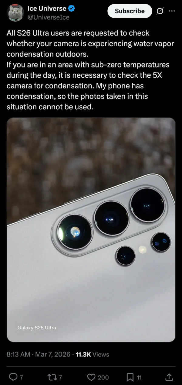 First Galaxy S26 Ultra camera condensation report surfaces shortly ...