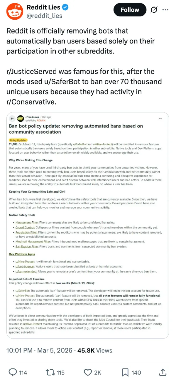 Reddit ends subreddit-association auto-bans in mod bots