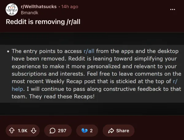 Reddit might be experimenting with cutting off access to r/all completely