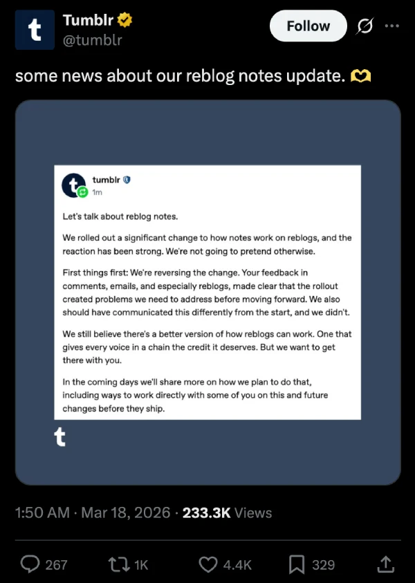 Tumblr says it’s reversing reblog notes change after user backlash ...
