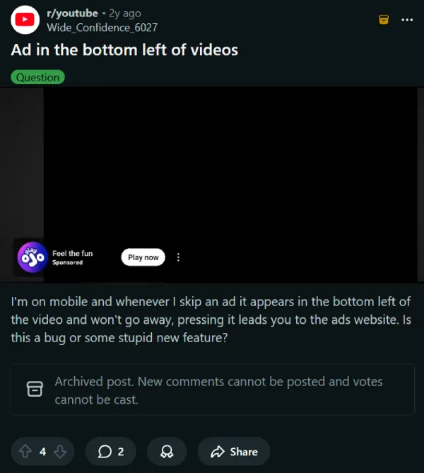 YouTube full-screen corner ads won’t go away for some users
