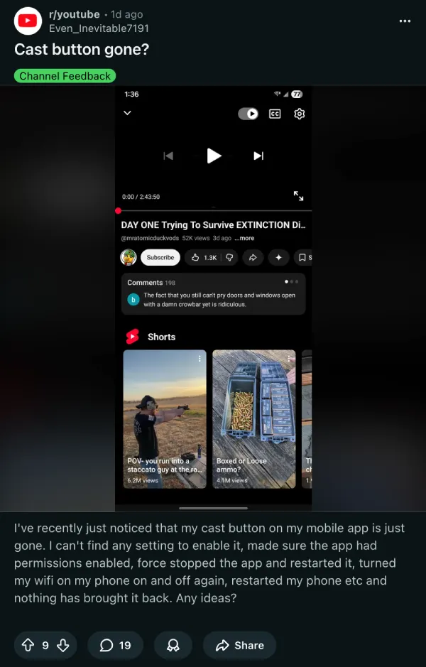 YouTube mobile app bug may be hiding the Cast button for some Android users
