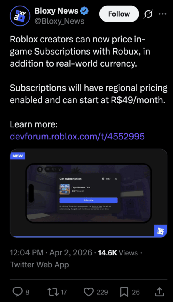 Roblox players can now pay for subscriptions in Robux alongside local ...