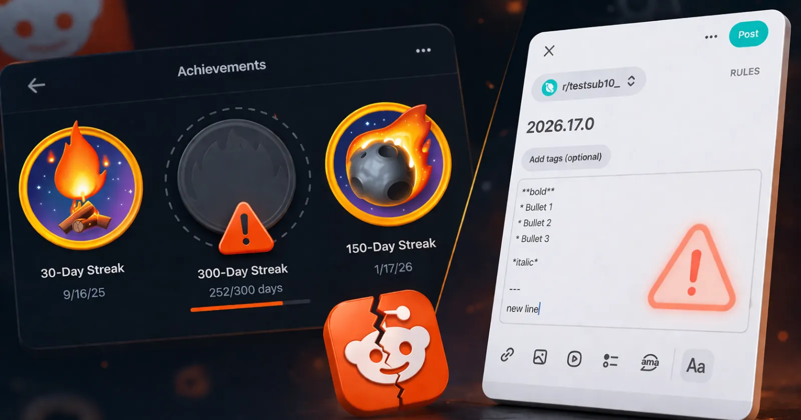Reddit users report missing streak pop-ups and broken Markdown formatting