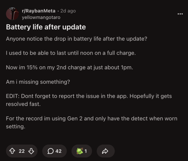 Ray-Ban Meta's v25.0 update plagued by battery drain and AI bugs