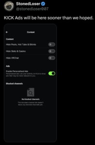 Kick appears to be quietly testing in-stream ads on the platform