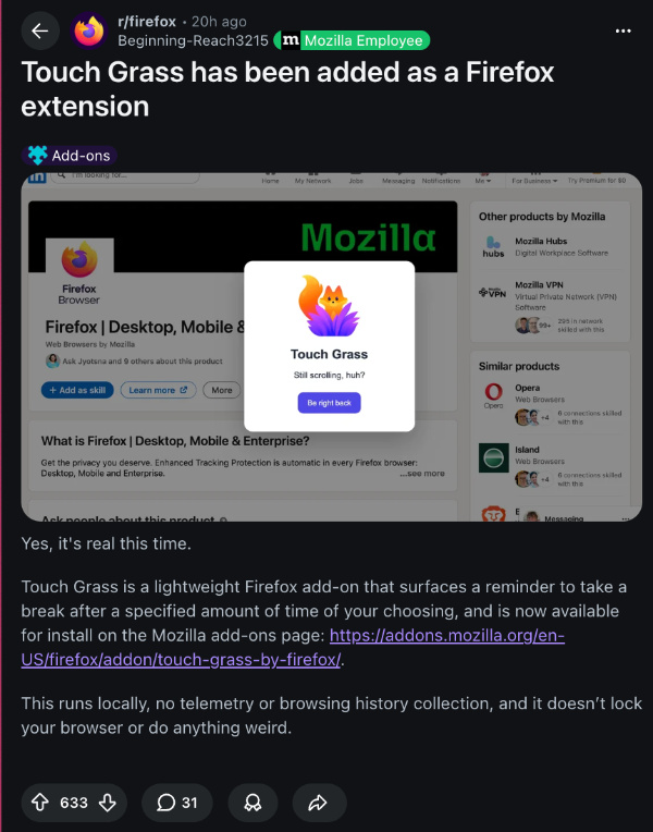 Firefox releases new "Touch Grass" extension