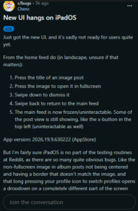 Reddit acknowledges new iPad app freezing issues after Liquid Glass UI ...