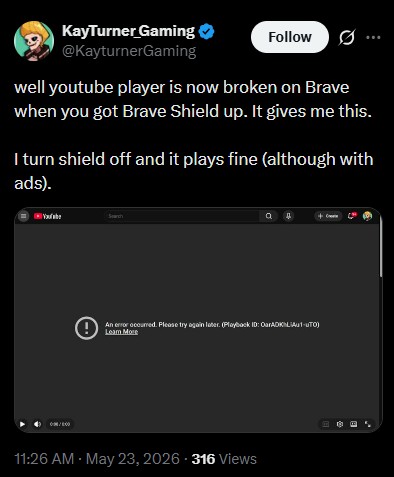 Brave browser users report YouTube playback error saying 'An error ...