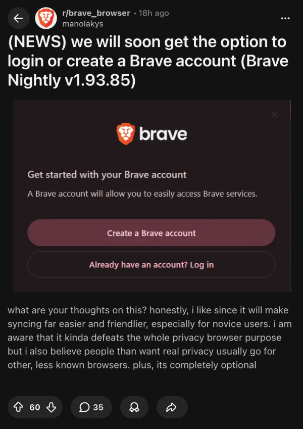 Brave is rolling out optional account login soon