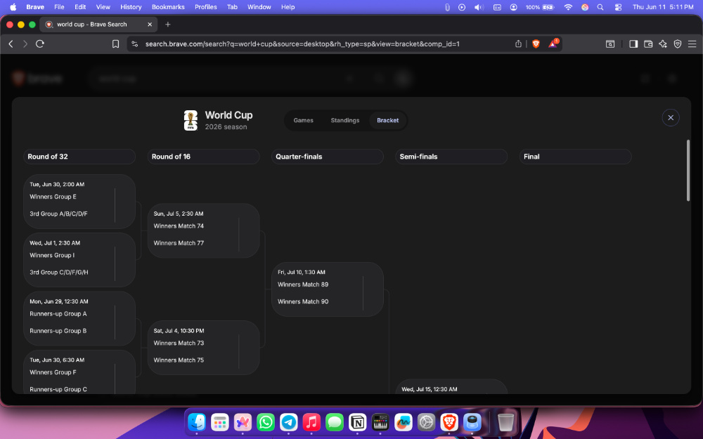 Brave Search gets interactive FIFA World Cup 2026 score widget